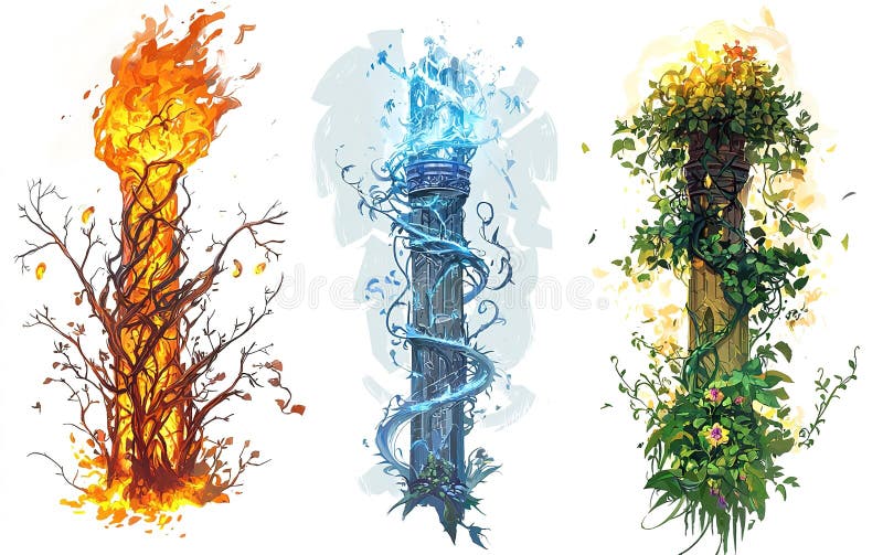 Fantasy Elemental Pillars Representing Fire, Ice, and Nature ...
