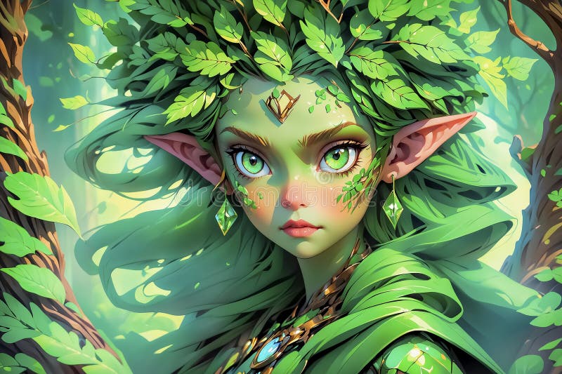 Fantasy Elf with Green Hair in a Lush Forest during Daytime, Showcasing ...