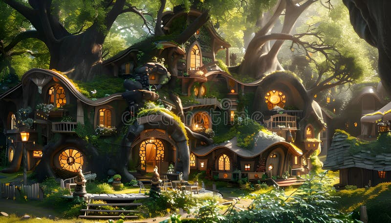 Fantasy Elf village stock illustration. Illustration of park - 332483533