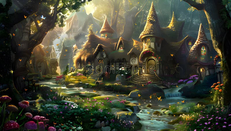 Fantasy Elf village stock illustration. Illustration of mythology ...