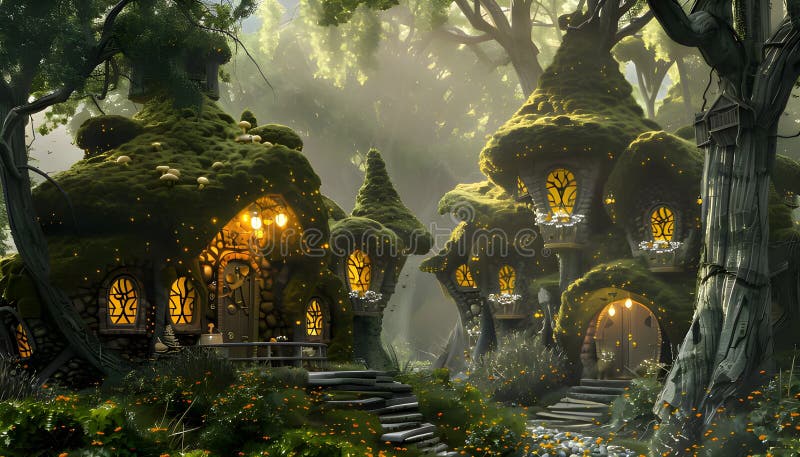 Fantasy Elf village stock illustration. Illustration of novel - 332483554