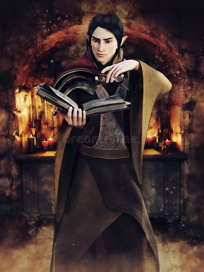 Fantasy Elf Wizard with a Book of Spells Stock Illustration ...