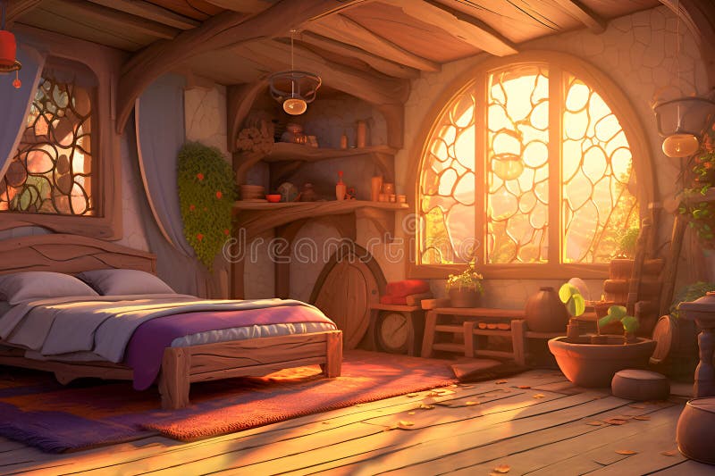 Fantasy Elven Interior of Bedroom Stock Illustration - Illustration of ...