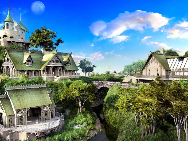 Fantasy elven town stock illustration. Illustration of landscape - 58415321