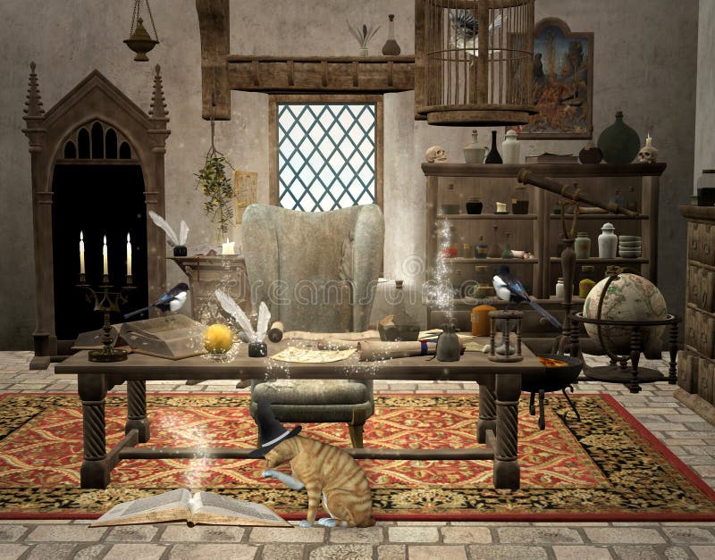 Wizard s room with a cat stock illustration. Illustration of study ...