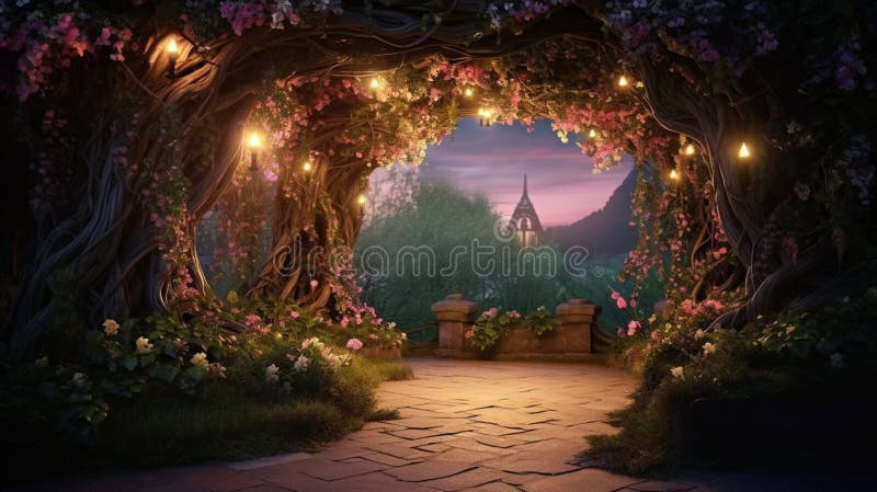 Fantasy Enchanted Forest with Magic Lights, Butterflies and Way between ...