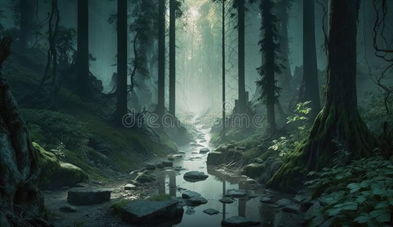 Fantasy Enchanted Landscape Dense Forest. Generative AI Stock ...