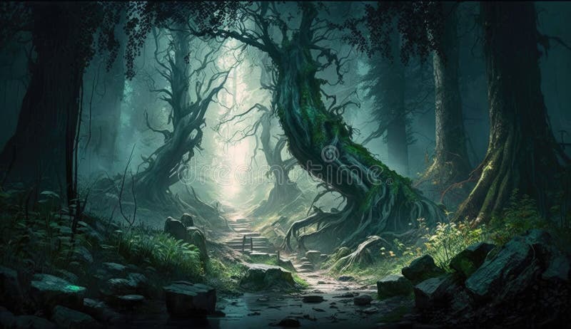 Fantasy Enchanted Landscape Dense Forest. Generative AI Stock ...