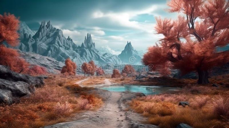 Fantasy Epic Magic Mountain Landscape, Panoramic View of Big Mountains ...