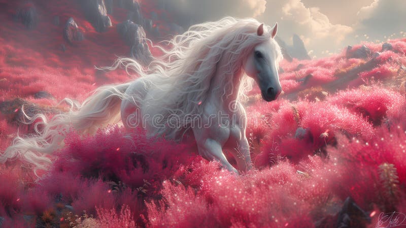 Fantasy Equine Run White Horse in Pastel Mountains Meadow Pink Stock ...