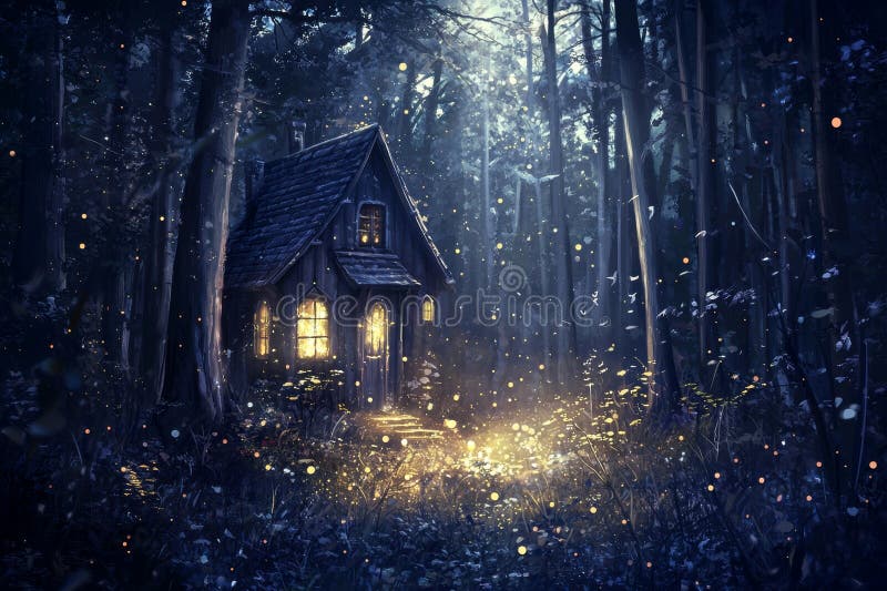 Fantasy Fairy Tale Forest Setting at Night in a Treehouse. Stock ...