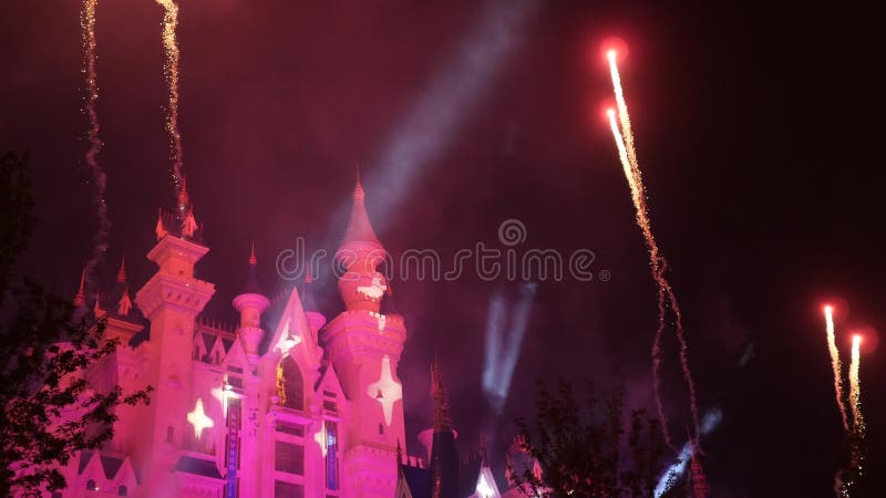 Fantasy Fairytale Castle with Fireworks Display at Night. Celebration ...