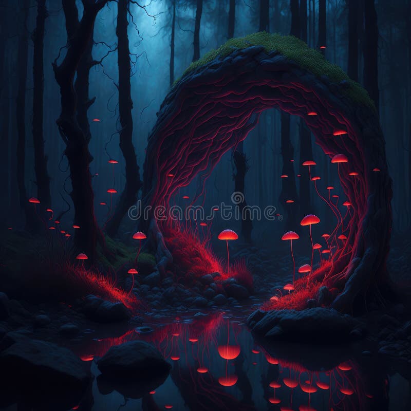 Fantasy Fairytale Dark Forest With Big Glowing Fluorescent Neon Red