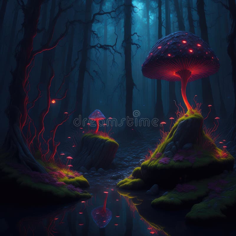 Fantasy Fairytale Dark Forest With Big Glowing Fluorescent Neon Red