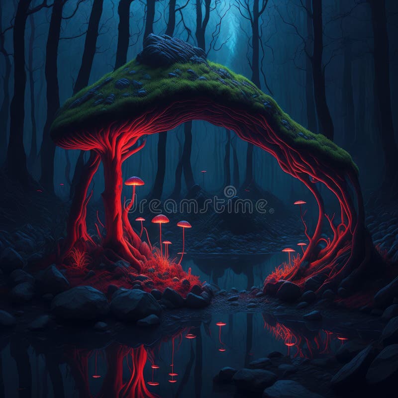 Fantasy Fairytale Dark Forest With Big Glowing Fluorescent Neon Red
