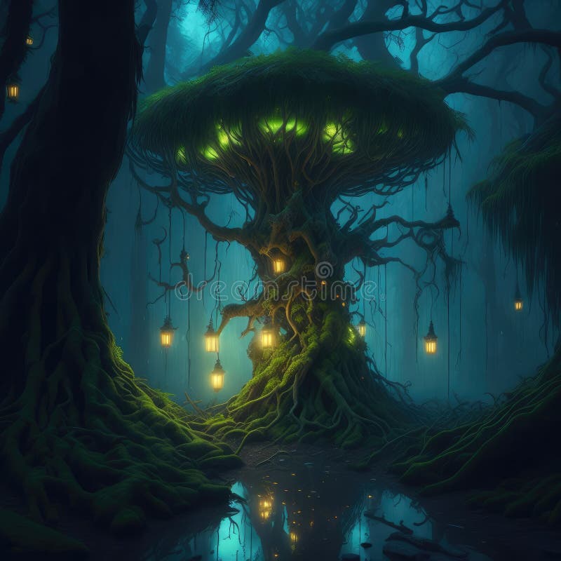 Fantasy Fairytale Dark Forest With Big Glowing Fluorescent Neon Trees