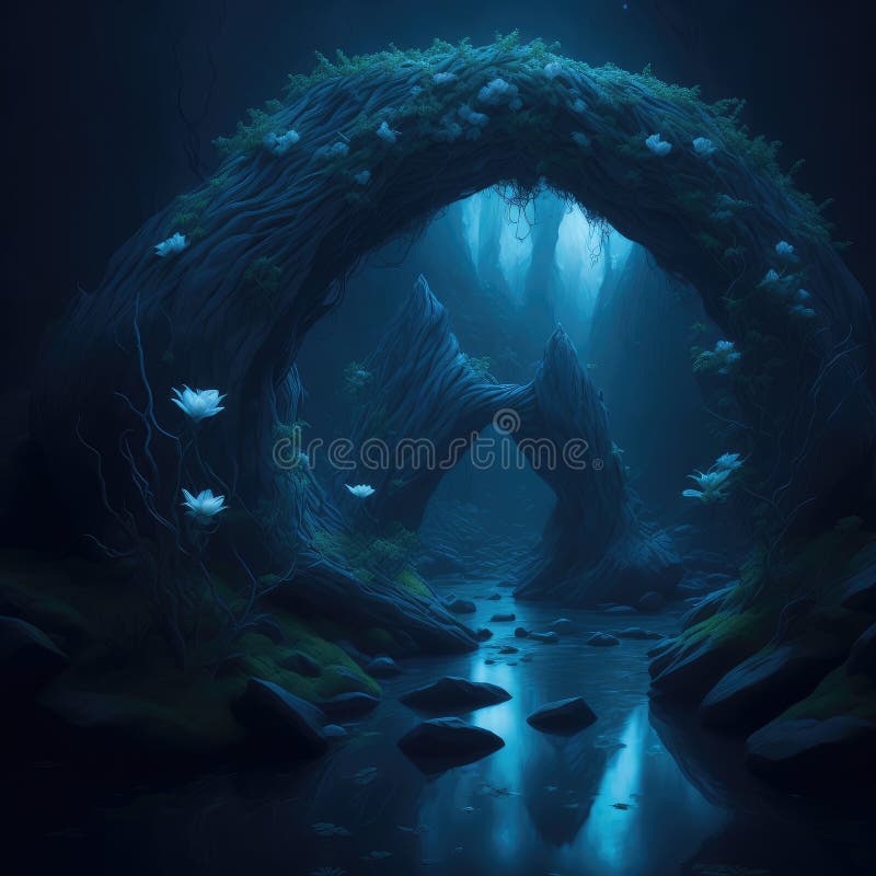 Fantasy Fairytale Dark Forest With Big Glowing Fluorescent Neon White