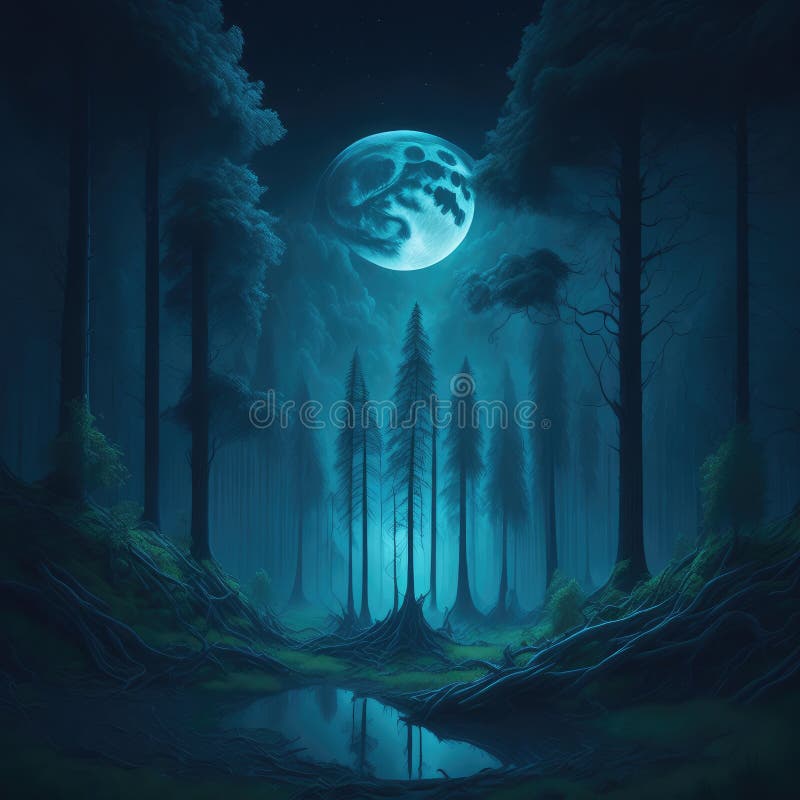 Fantasy Fairytale Dark Forest Mossy Root Rock Surface Ground Night