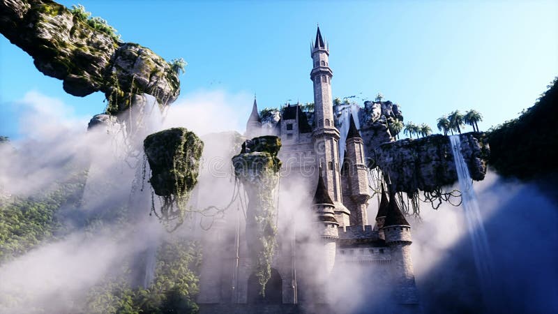 Fantasy Fairytale Flying Rocks with Castle. Realistic 4k Animation ...