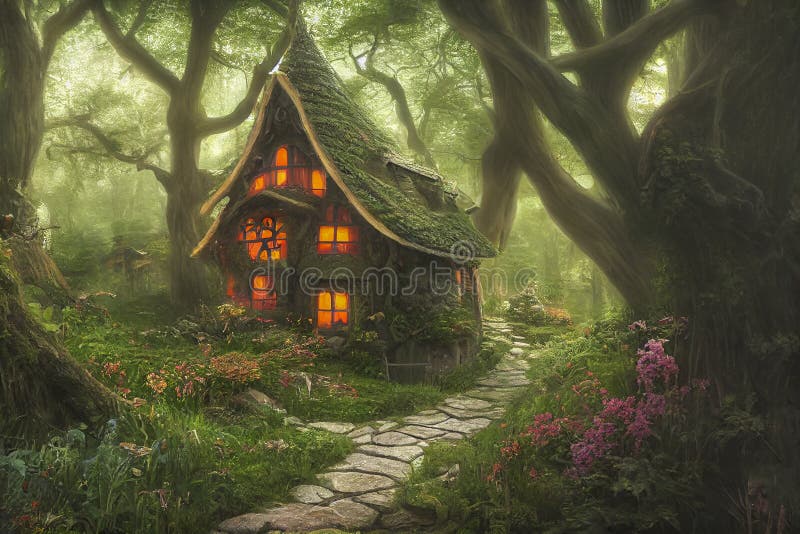 Fantasy House in Forest, Generative Ai Illustration Stock Illustration ...