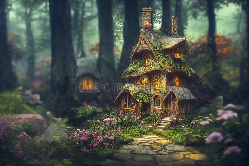Fantasy House in Forest, Generative Ai Illustration Stock Illustration ...