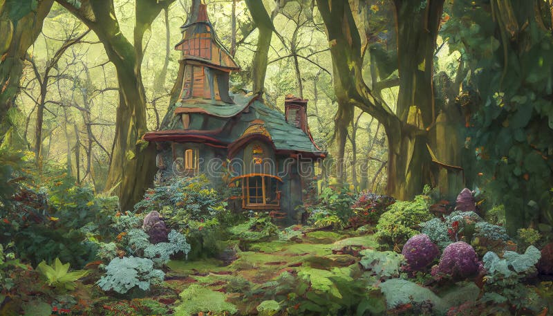 Fantasy House in Forest, Generative Ai Illustration Stock Illustration ...