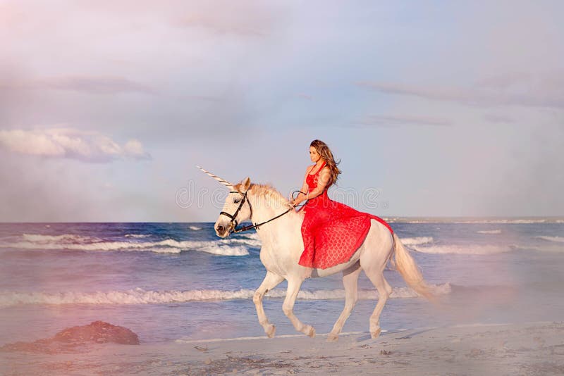 Romantic Woman Riding Unicorn Stock Image - Image of horseback, beach ...