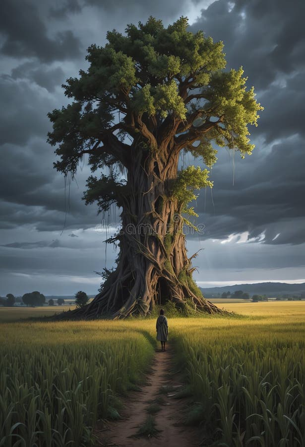 Fantasy Field with Giant Tree Stock Illustration - Illustration of leaf ...