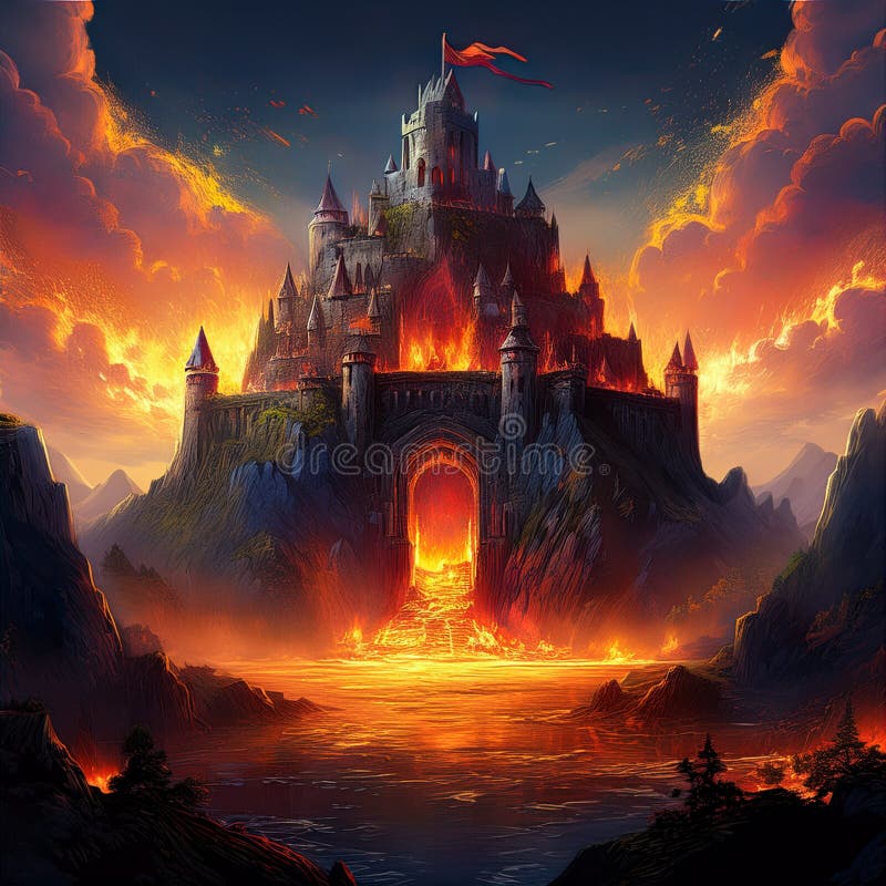 Fantasy fiery castle stock illustration. Illustration of sunlight ...
