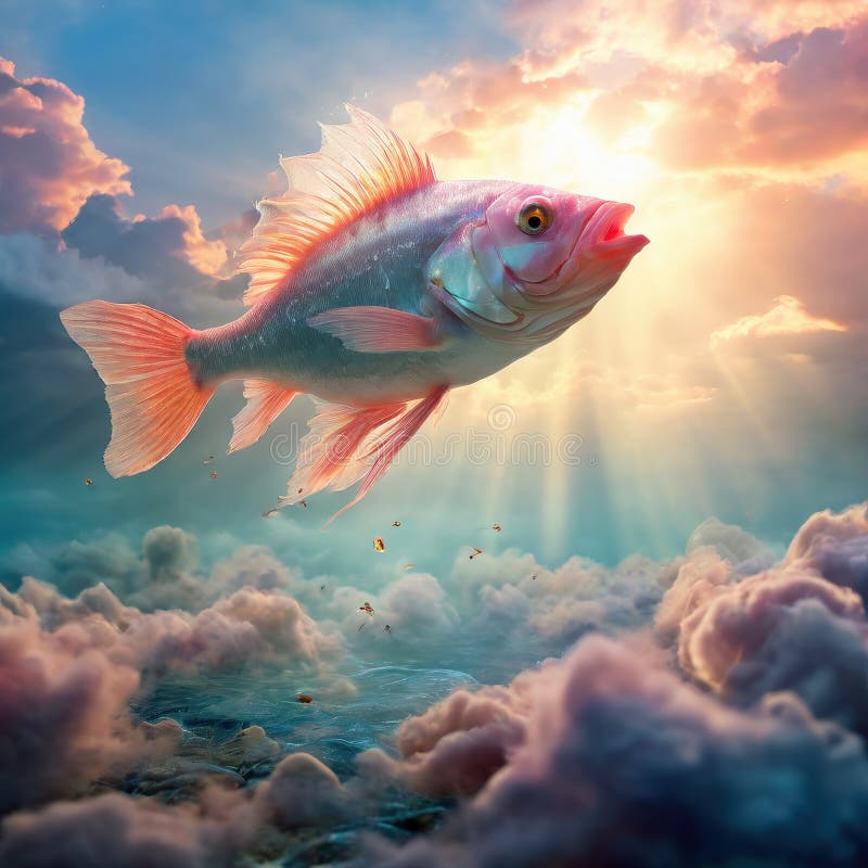 Fantasy Fish Floating in a Sky of Clouds and Sunlight Stock Image ...