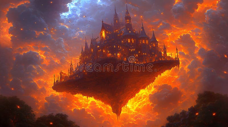 Fantasy Floating Castle Fiery Sunset Dramatic Sky Artwork Red Fire ...