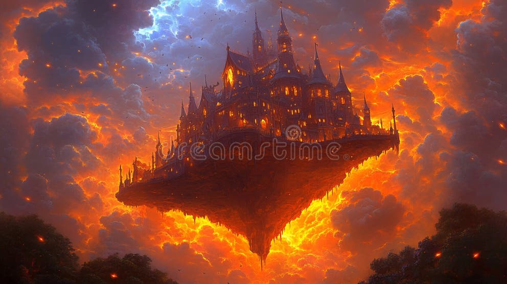 Fantasy Floating Castle Fiery Sunset Dramatic Sky Artwork Red Fire ...