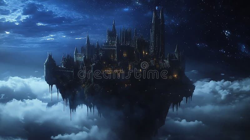 Fantasy Floating Castle in a Night Sky, Dramatic Clouds Surround Stock ...