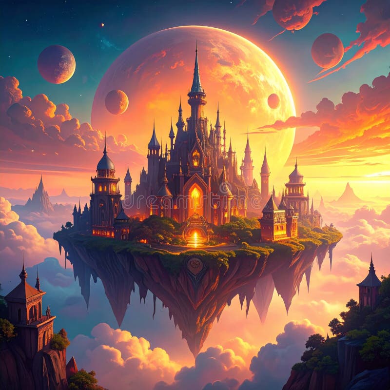 Fantasy Floating Castle in the Sky with Large Moon and Pixelated Clouds at Sunset Stock ...