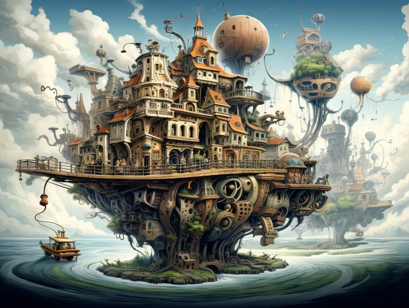 Fantasy floating cities stock illustration. Illustration of futuristic ...