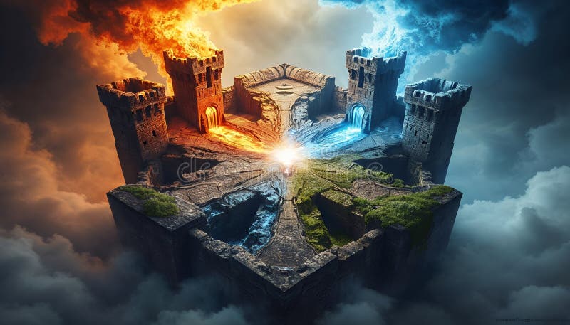 Fantasy Floating Island Castle with Fire, Water and Magic Energy Stock ...