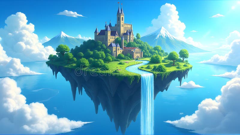 Fantasy Floating Island with Castle and Waterfall Stock Illustration ...