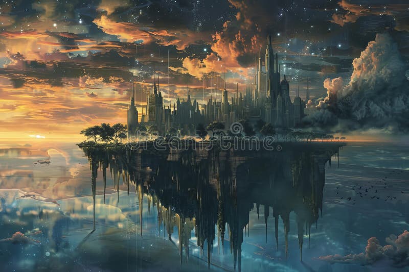 Stunning Floating Island Cityscape Fantasy Art Background Stock Photos ...