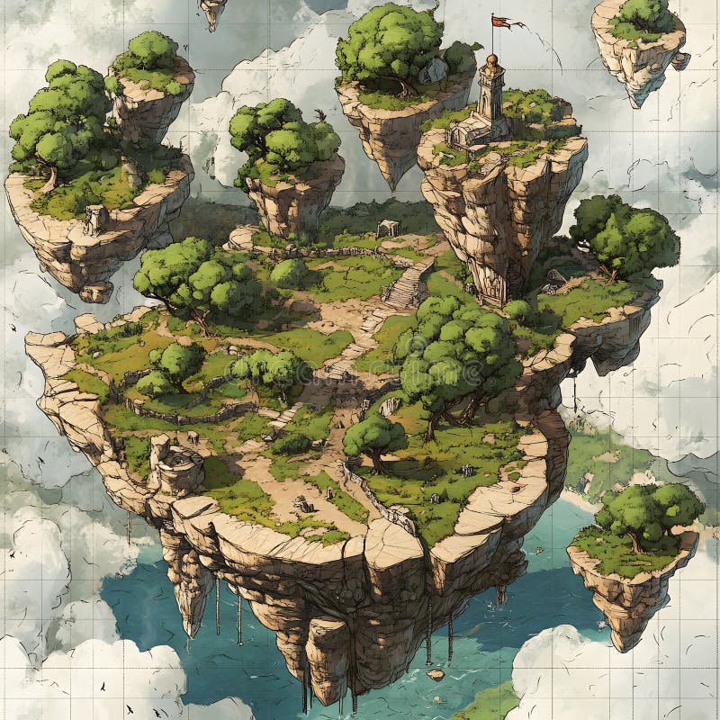 Fantasy Floating Island Illustration Lush Green Landscape and Stone ...