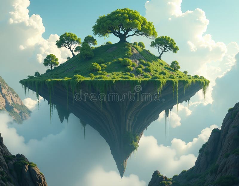Fantasy Floating Island with Lush Greenery and Trees in Cloudscape ...