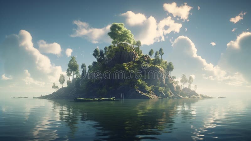 Fantasy Floating Island with Mountains and Trees with Clouds. Flying ...