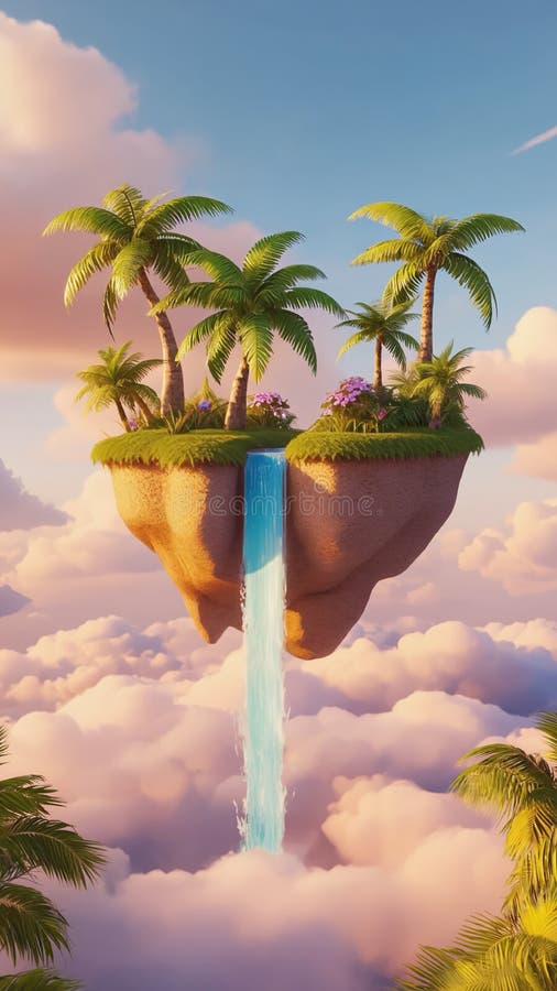 Fantasy Floating Island with Palm Trees Above the Clouds in Dreamy ...
