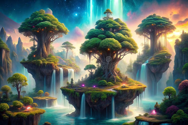 Fantasy Floating Islands, Waterfalls, Luminous Trees, Magical Landscape ...