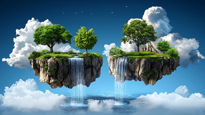 Fantasy Floating Islands with Waterfalls and Trees Stock Illustration ...