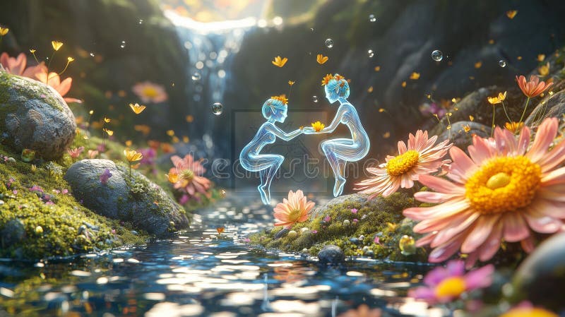 Fantasy Flower Spirits in Glowing Forest Micro-landscape Stock ...