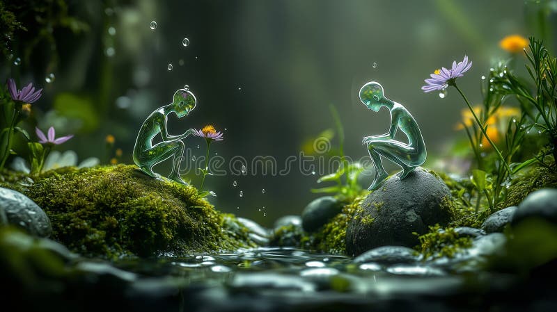 Fantasy Flower Spirits in Glowing Forest Micro-landscape Stock ...