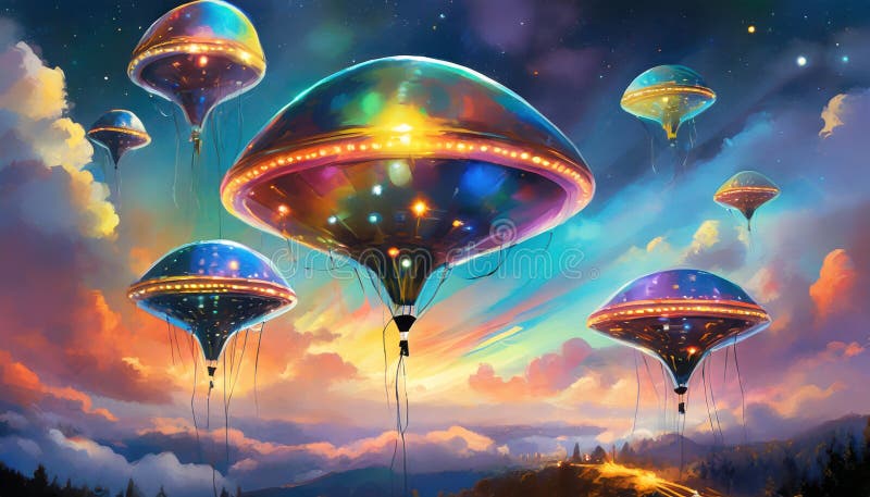 Fantasy Flying Balloons Above Clouds Stock Illustration - Illustration ...