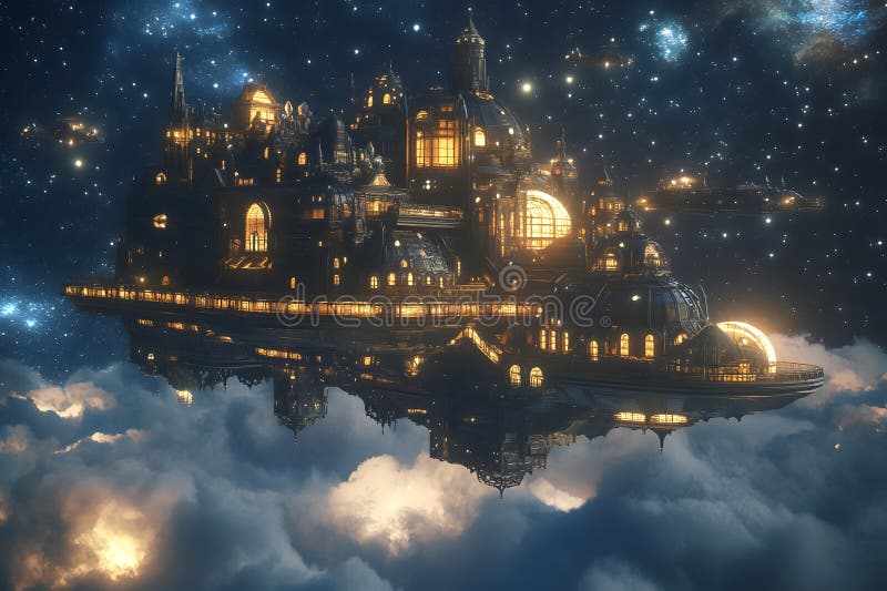 Fantasy Flying Castle in the Night Sky Above the Clouds Stock ...