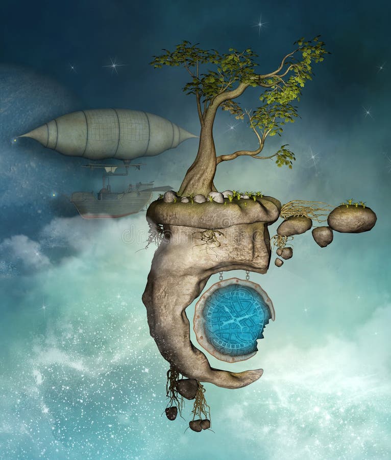 Fantasy Flying Island with a Clock and an Airship Stock Illustration ...