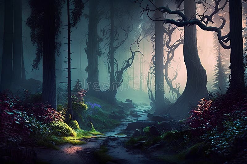 Fantasy Foggy Forest with a Path in the Middle. 3d Render Stock ...